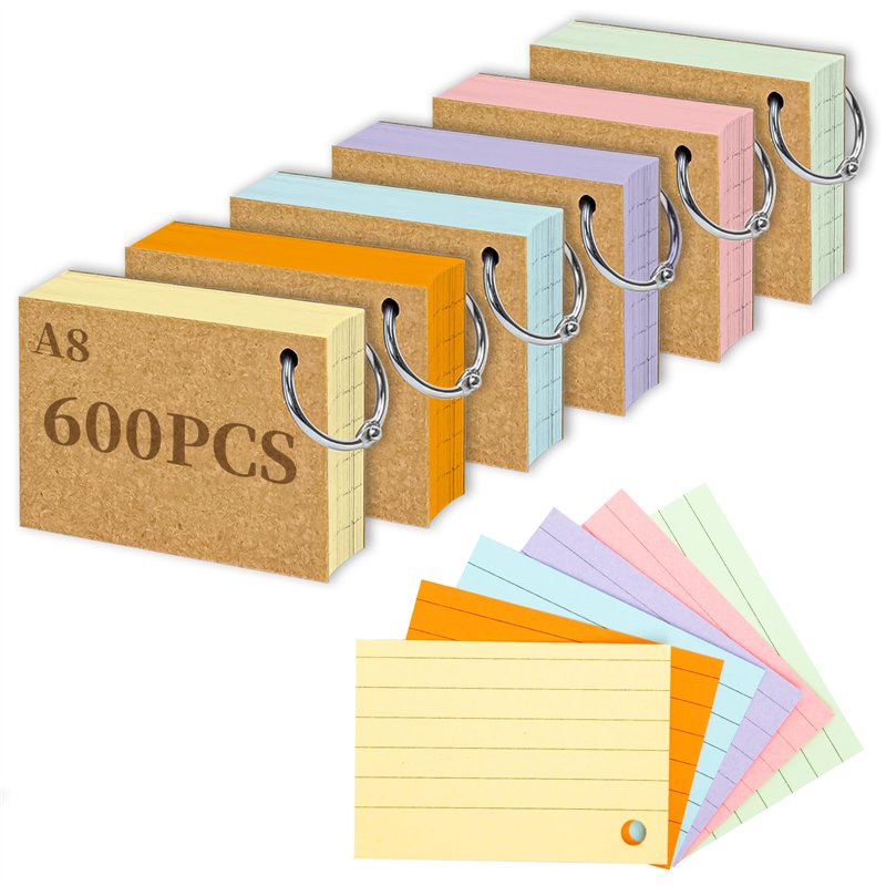 A8 Flashcard, 600Pcs lignées Flashcards avec anneau, Cartes | Isleden