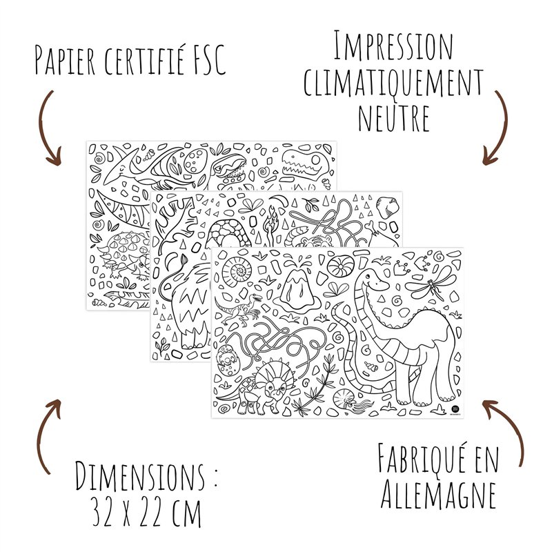 Lot de 12 Sets de Table à colorier, Motif : Dinosaures, Sets | Isleden